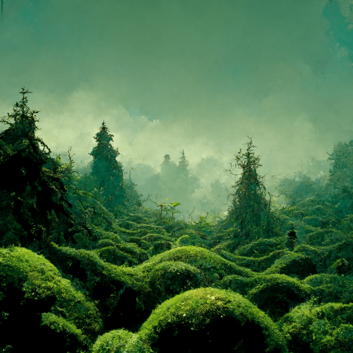 /imagine that place: deep, misty green forest in the sky and shadows ...